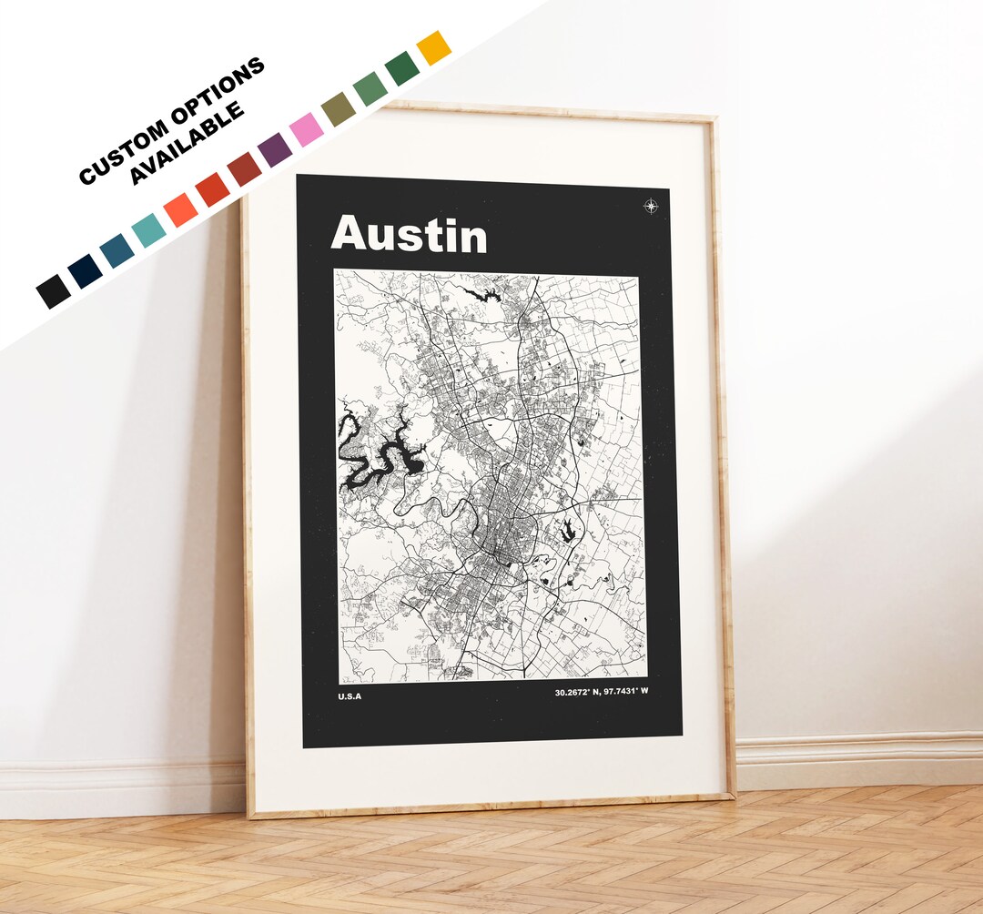 Austin Map Print - Custom Options/colours Available - Prints or Framed ...
