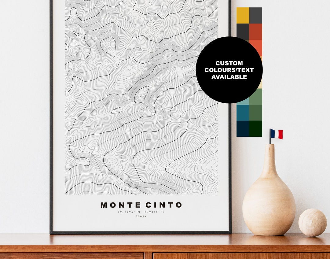 Monte Cinto Print - Contour Map - France Mountains - Topographic Map ...