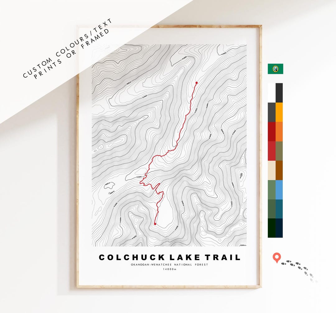 Colchuck Lake Trail Map Print - Trail and Contour Map - Topography ...
