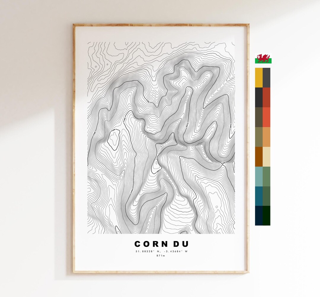 Corn Du Print - Contour Map - Corn Du, Brecon Beacons - Wales ...
