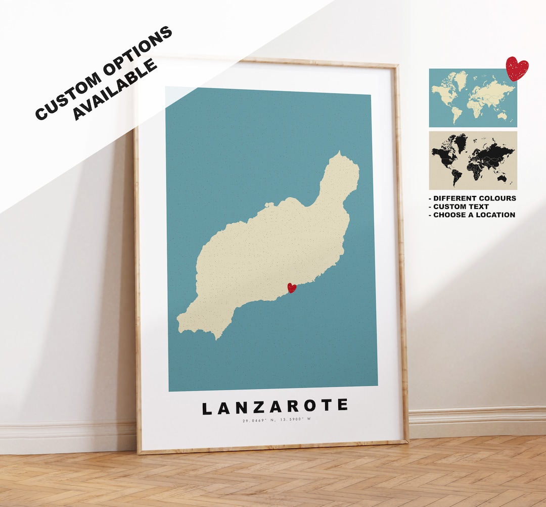 Lanzarote Map Print - Personalised Map Gift - Framed or Canvas Options ...