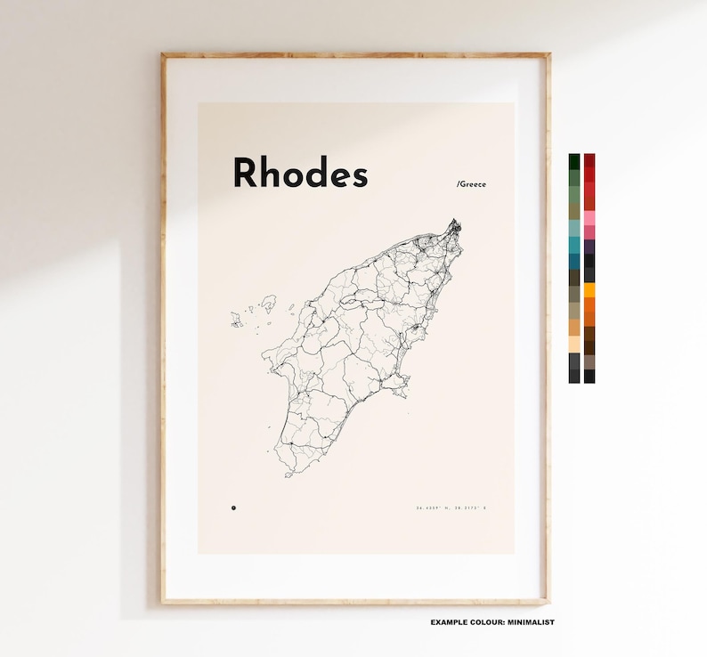 Rhodes Map Print - Custom Options/colours Available - Prints or Framed ...