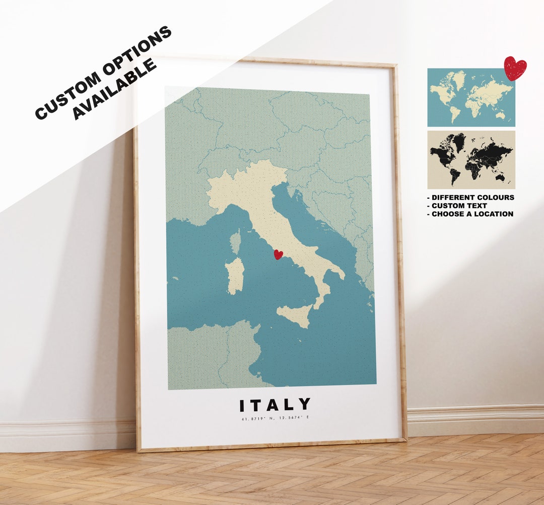 Italy Map Print - Personalised Map Gift - Framed or Canvas Options ...