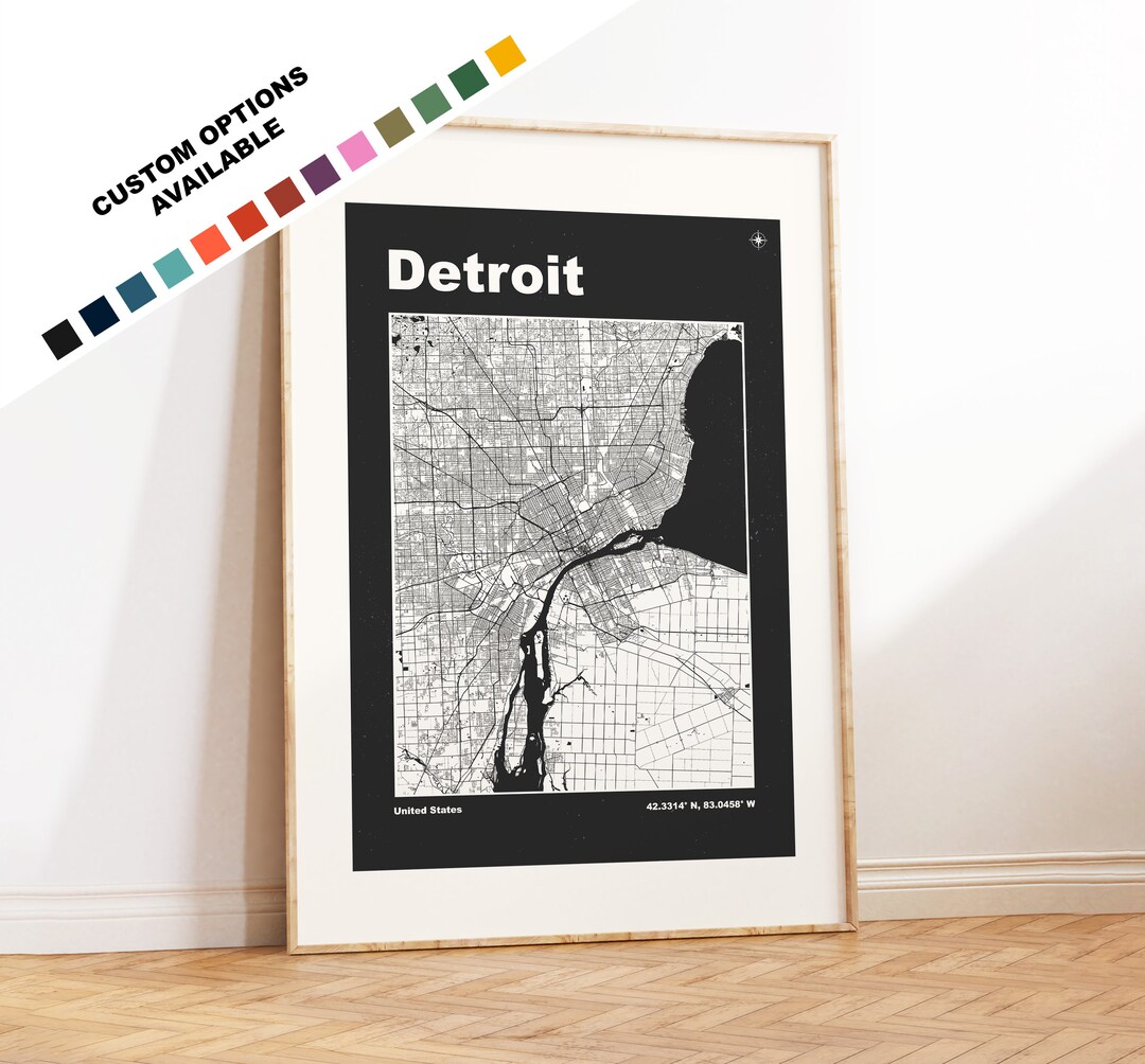 Detroit Map Print - Custom Options/colours Available - Prints or Framed ...