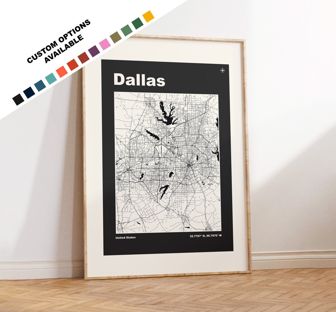 Dallas Map Print - Print, Framed or on Canvas - Dallas Poster - Dallas ...