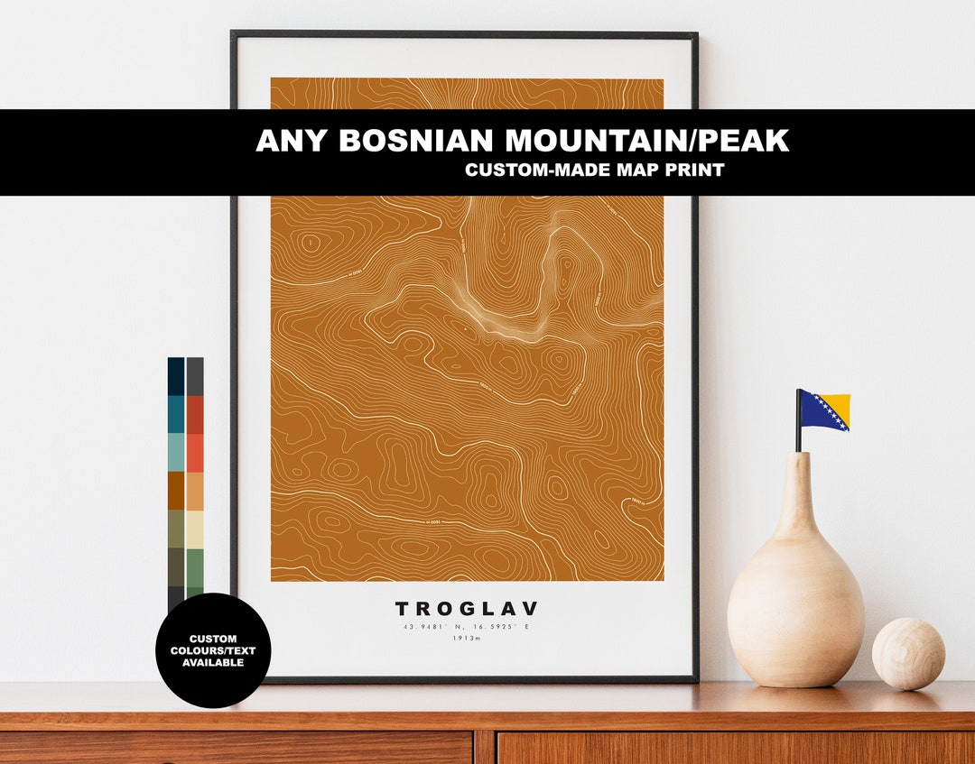 Custom Bosnian Mountain Map Print - Any Location - Contour Map Print ...