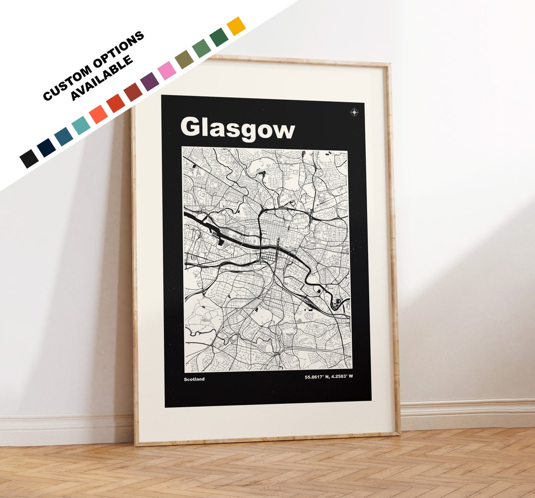 Glasgow Map Print - Custom Options/colours Available - Prints or Framed ...