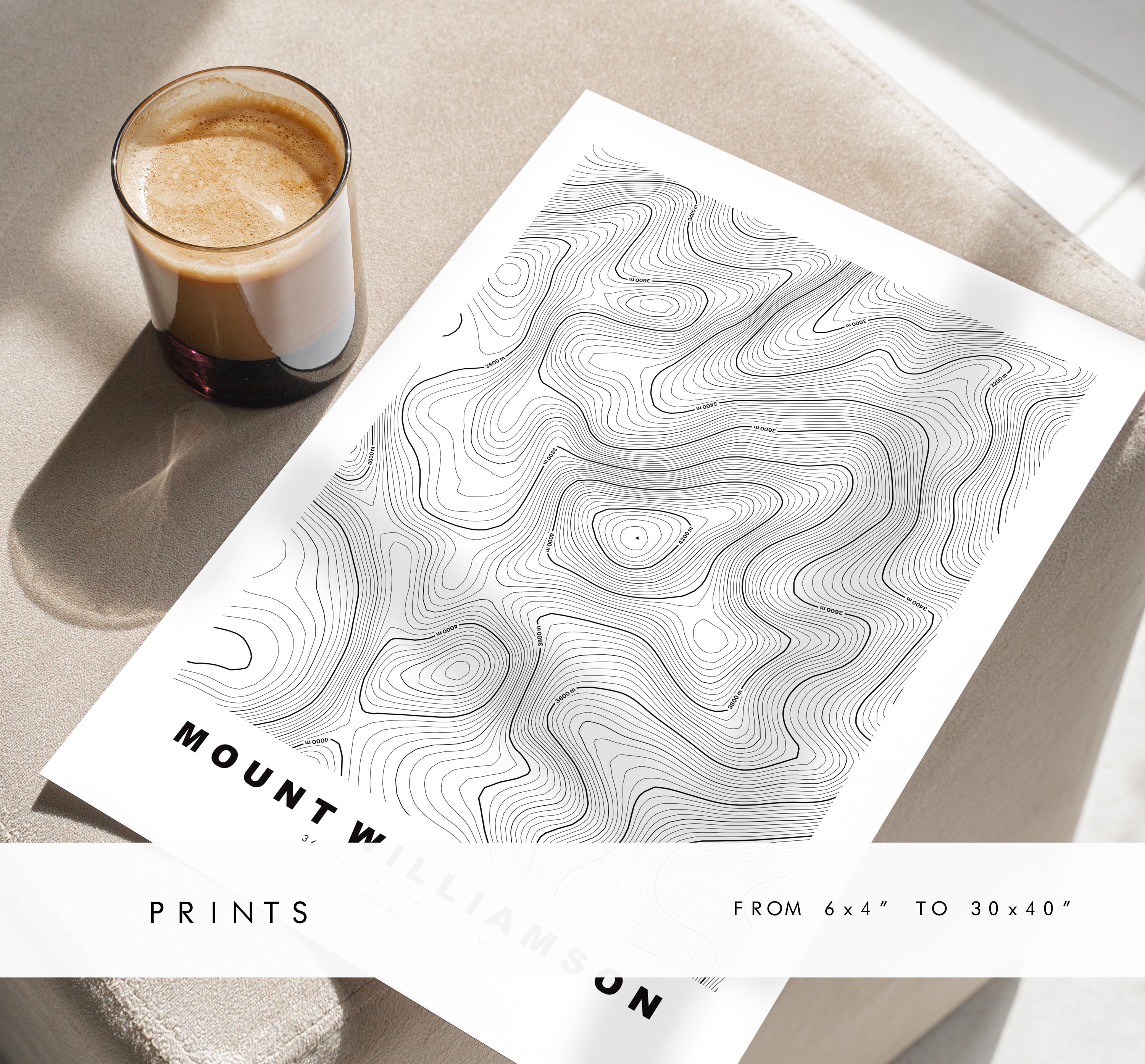 Mount Williamson Map Print - Contour Map Print - Topographic Map ...
