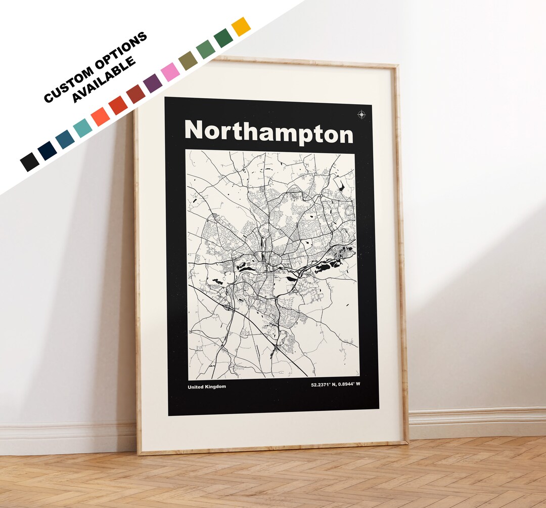 Northampton Map Print Custom Options/colours Available Prints or Framed ...