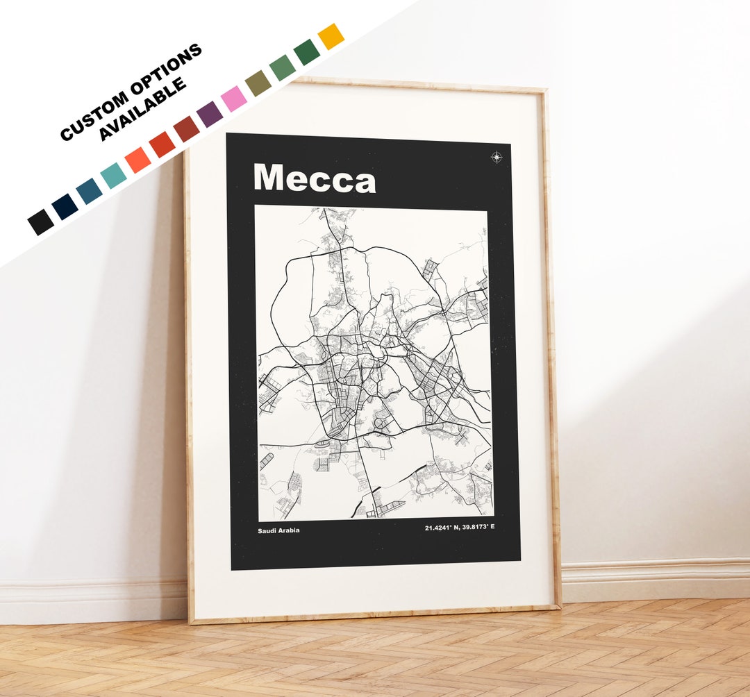 Mecca Map Print - Custom Options/colours Available - Prints or Framed ...