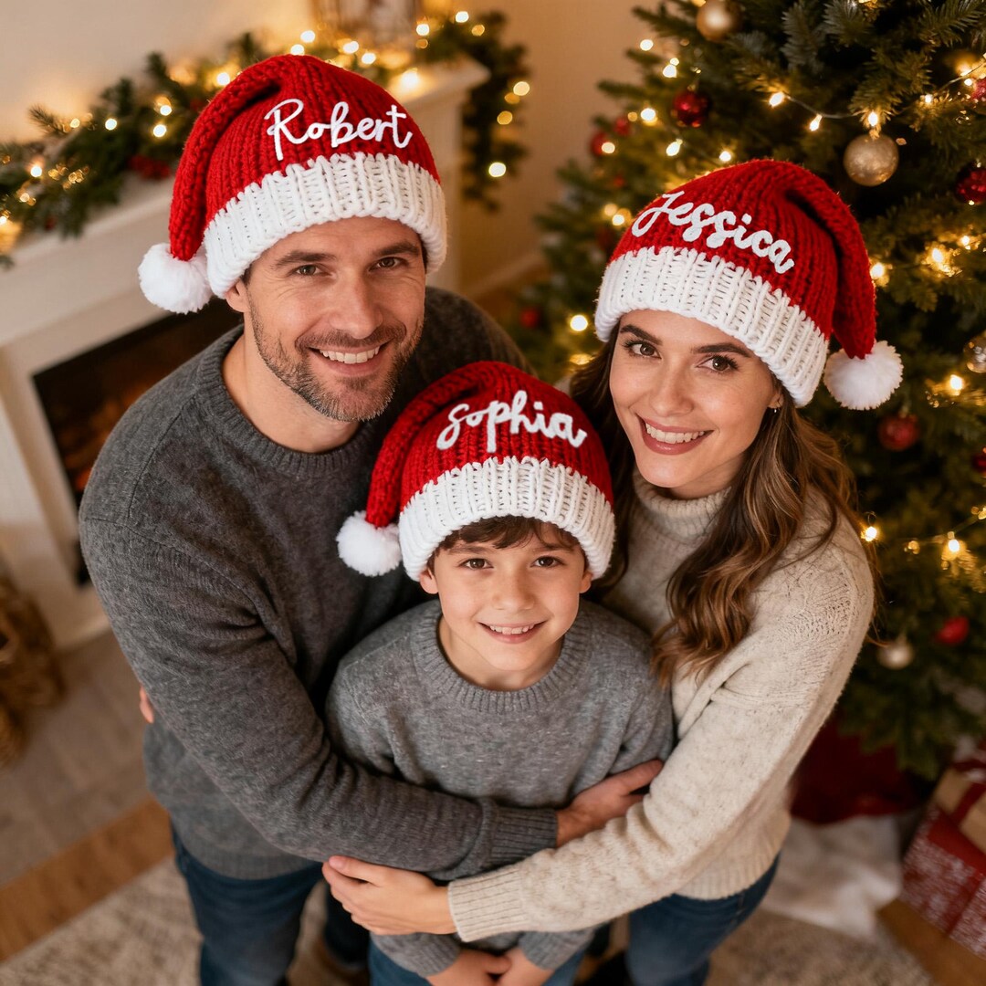Personalized Family Santa Hat Set - Custom Christmas Beanies With Name ...