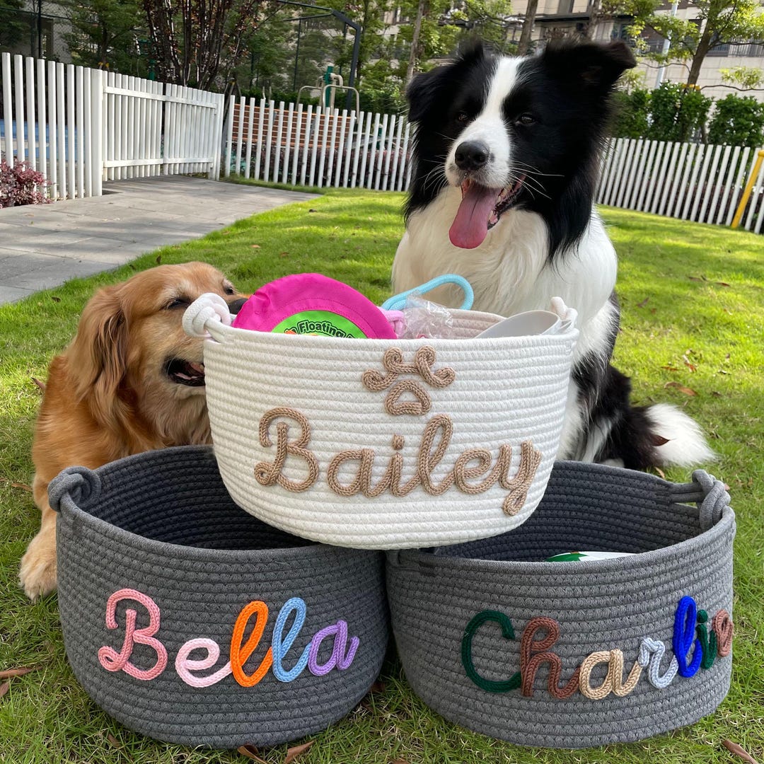Personalized Dog Toy Basket, Custom Name Basket, Pet Toy Storage, Rope ...