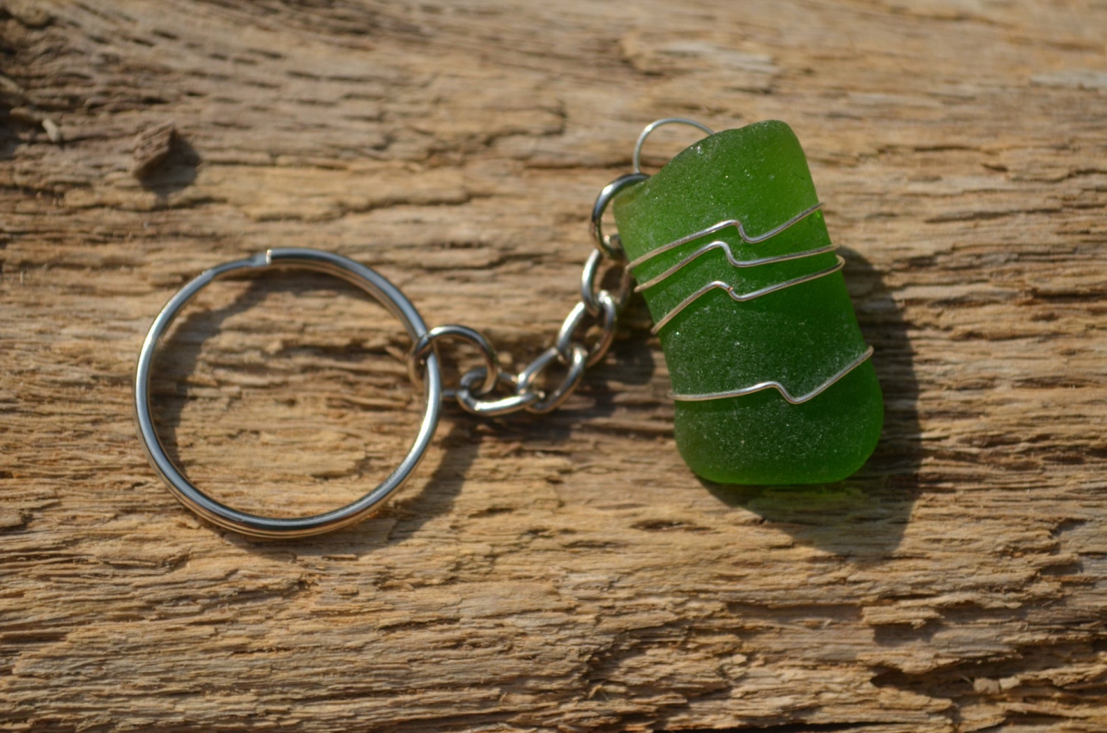 Green Sea Glass Wire Wrapped Keychain - Etsy