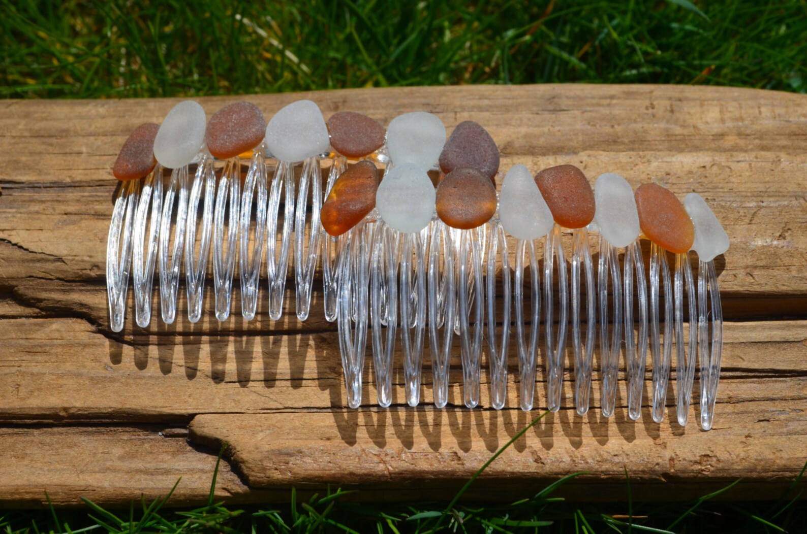 Genuine White and Amber Brown Sea Glass Hair Combs set of 2 - Etsy