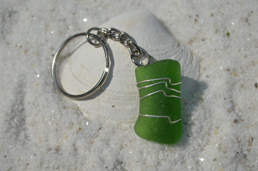 Green Sea Glass Wire Wrapped Keychain - Etsy