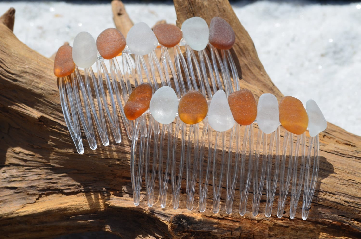 Genuine White and Amber Brown Sea Glass Hair Combs (set of 2) - Etsy