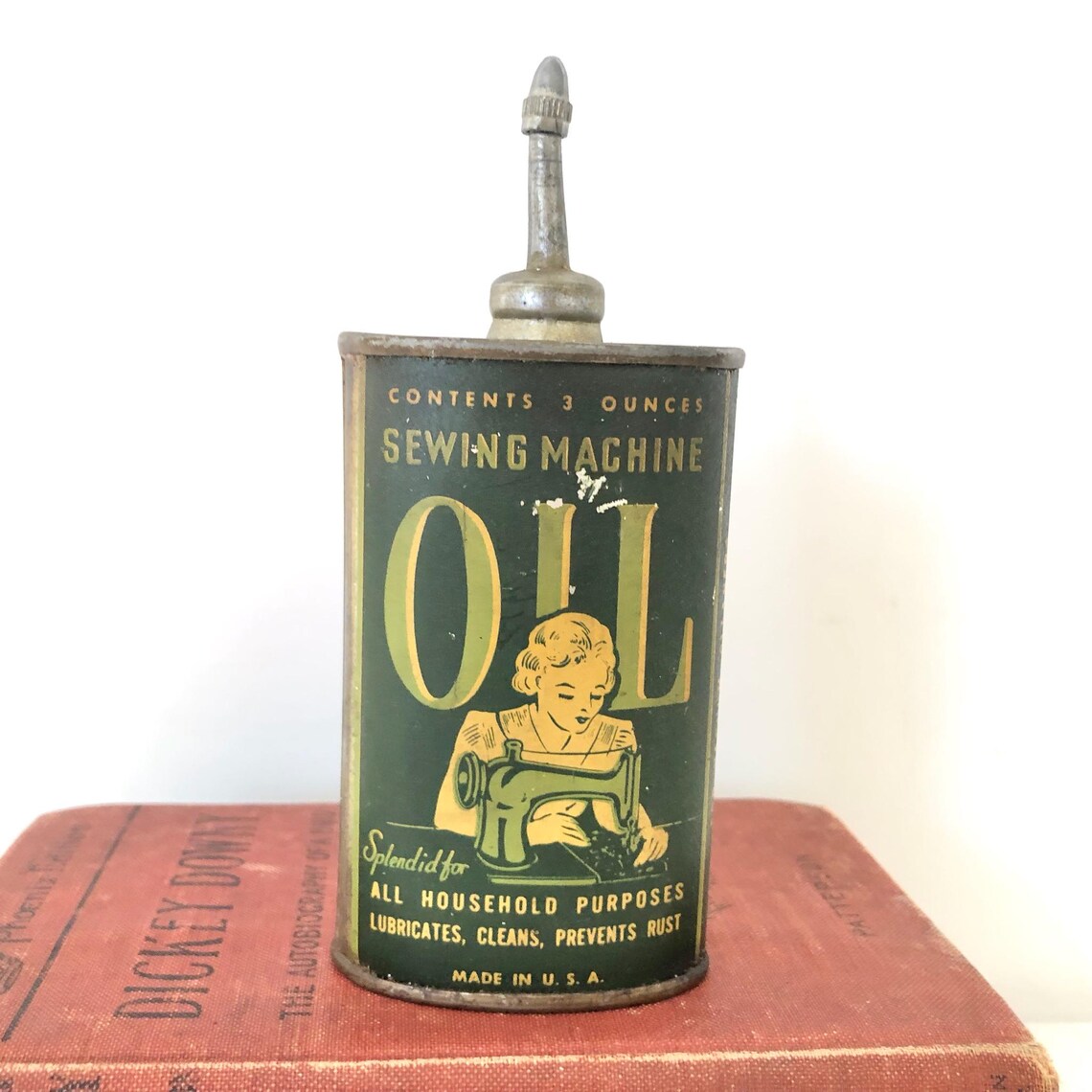 Antique Sewing Machine Oil Can - 1930s Empty Oil Tin Can - Woman Sewing ...