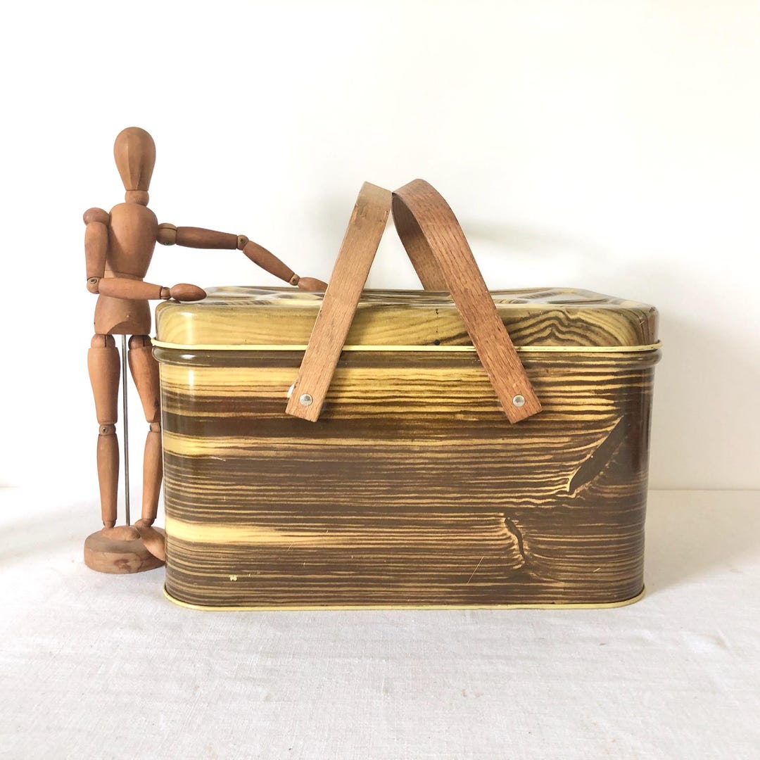 Vintage Faux Wood Tin Lunch Picnic Box With Wood Handles - Kitchen ...