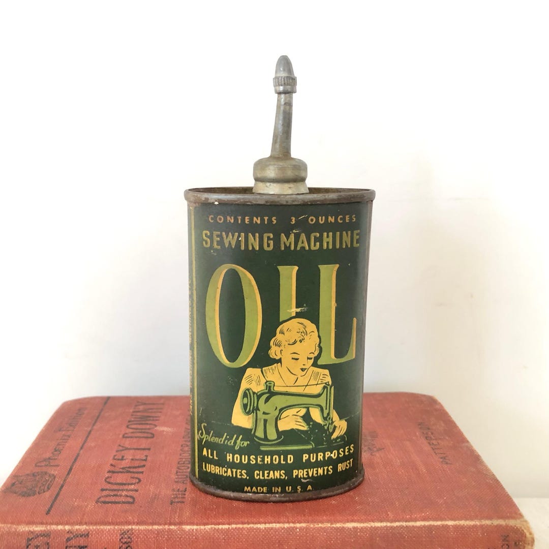 Antique Sewing Machine Oil Can - 1930s Empty Oil Tin Can - Woman Sewing ...