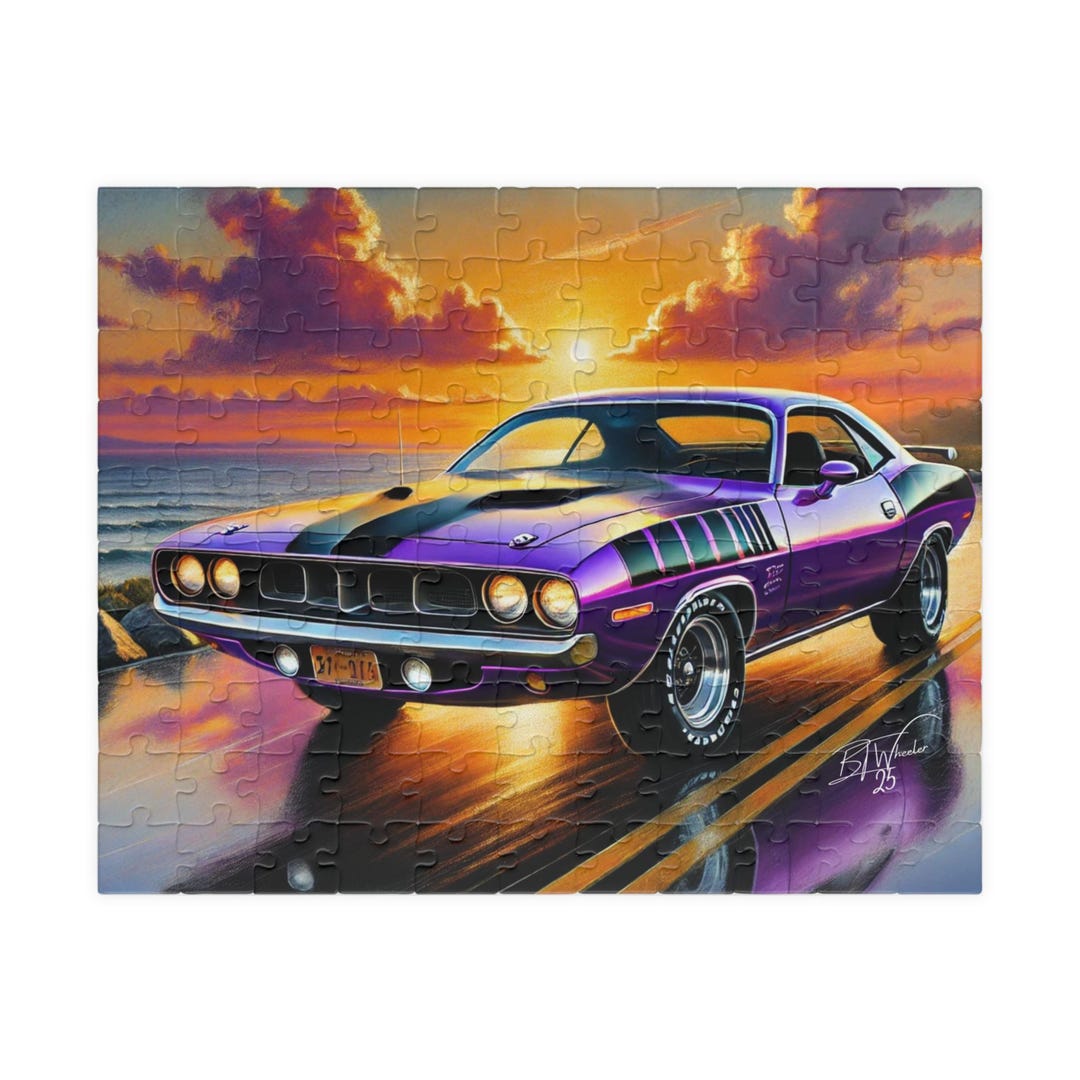 Puzzle, 1970 Plymouth Hemi 'cuda, Pastel Illustration, Muscle Car Jigsaw, Sunset Coastal Highway ...
