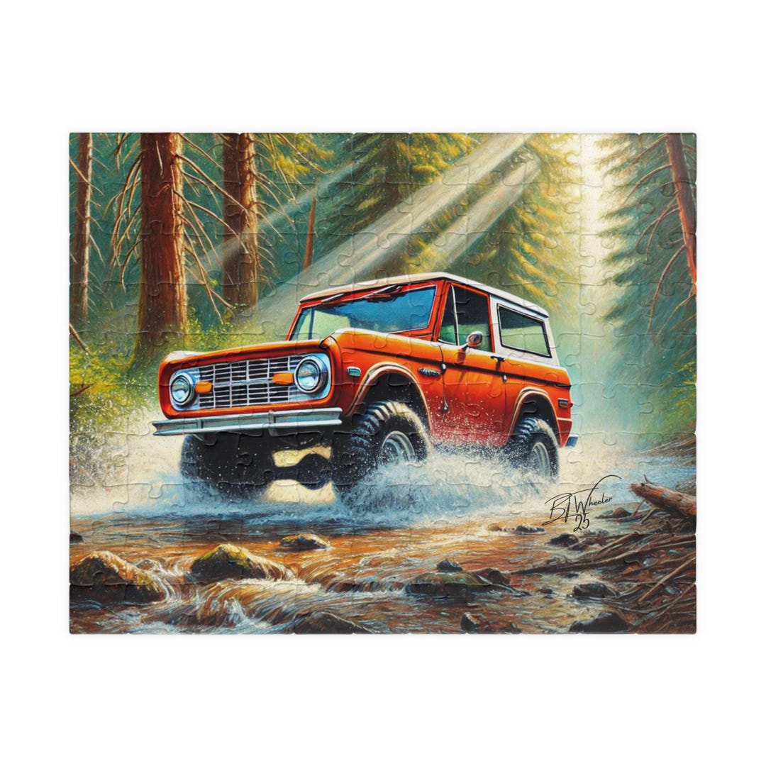 Ford Bronco Adventure Jigsaw for Car Enthusiasts, Pastel Illustration, Orange White Design ...