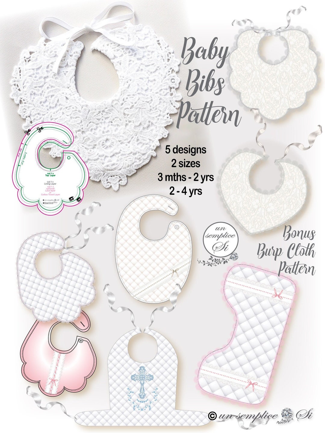 5 Baby Bibs Patterns, Christening Bibs, Toddler Bib Pattern, Burp Cloth ...