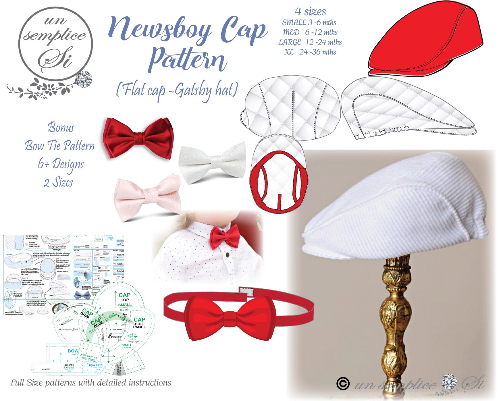 Baby Newsboy Cap Pattern, Flat Cap Pattern, Baptism Boys Hat and Bow ...