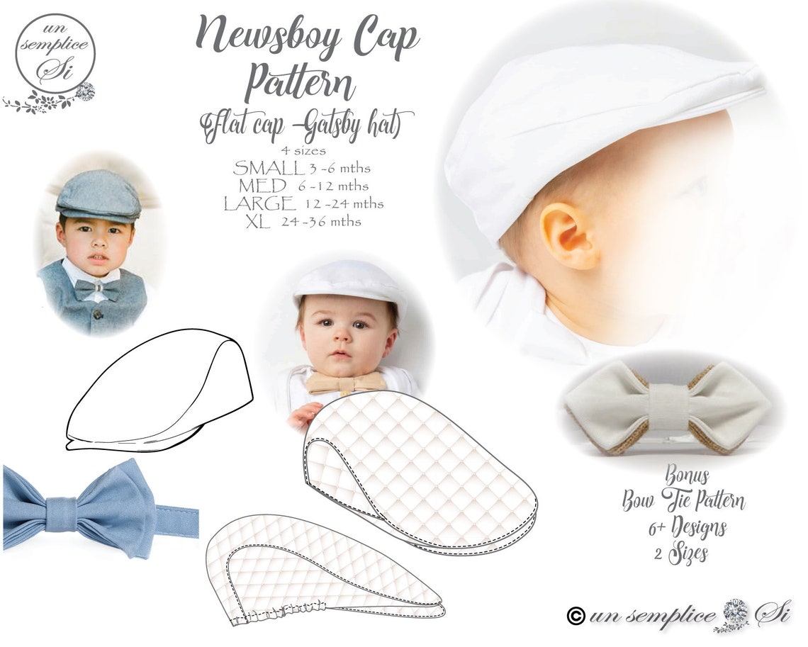 Baby Newsboy Cap Pattern, Flat Cap Pattern, Baptism Boys Hat and Bow ...
