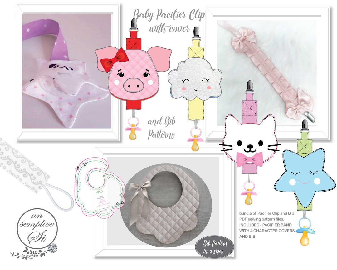 Baby Accessories Sewing Pattern PDF – Pacifier Clip With 4 Covers & Bib ...