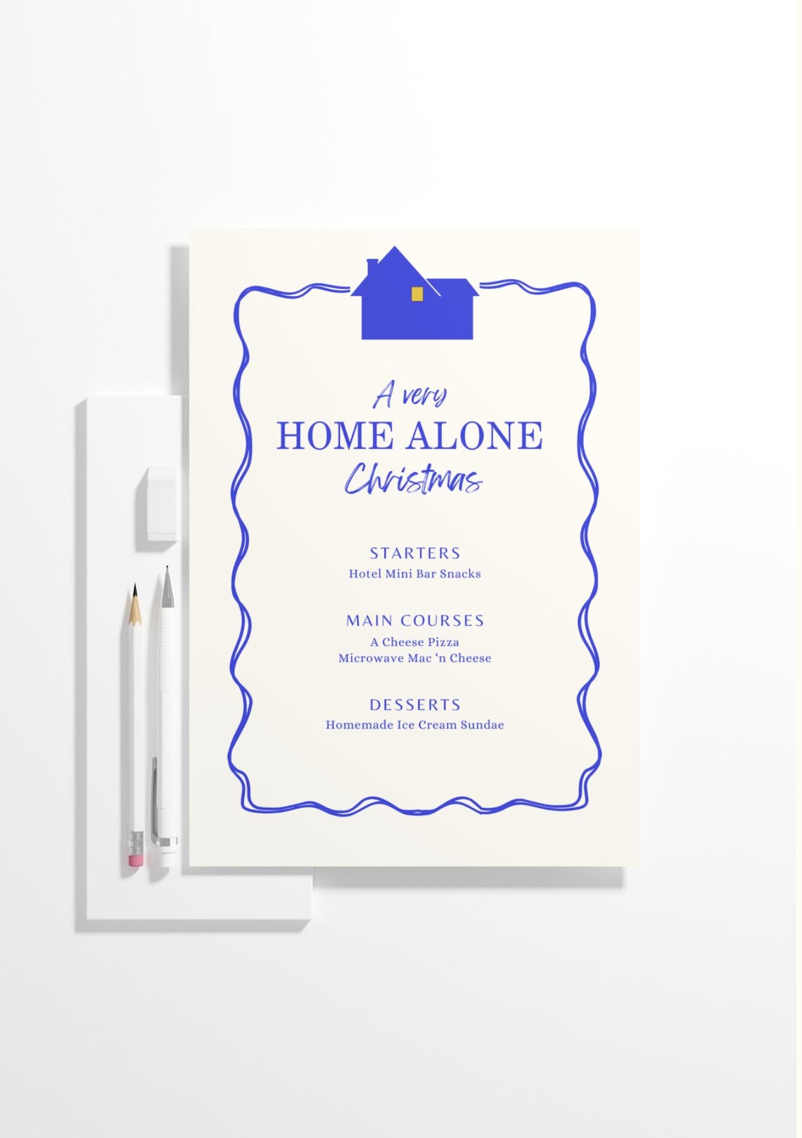 Home Alone Holiday Menu Blue White Theme Christmas Dinner Party Menu ...
