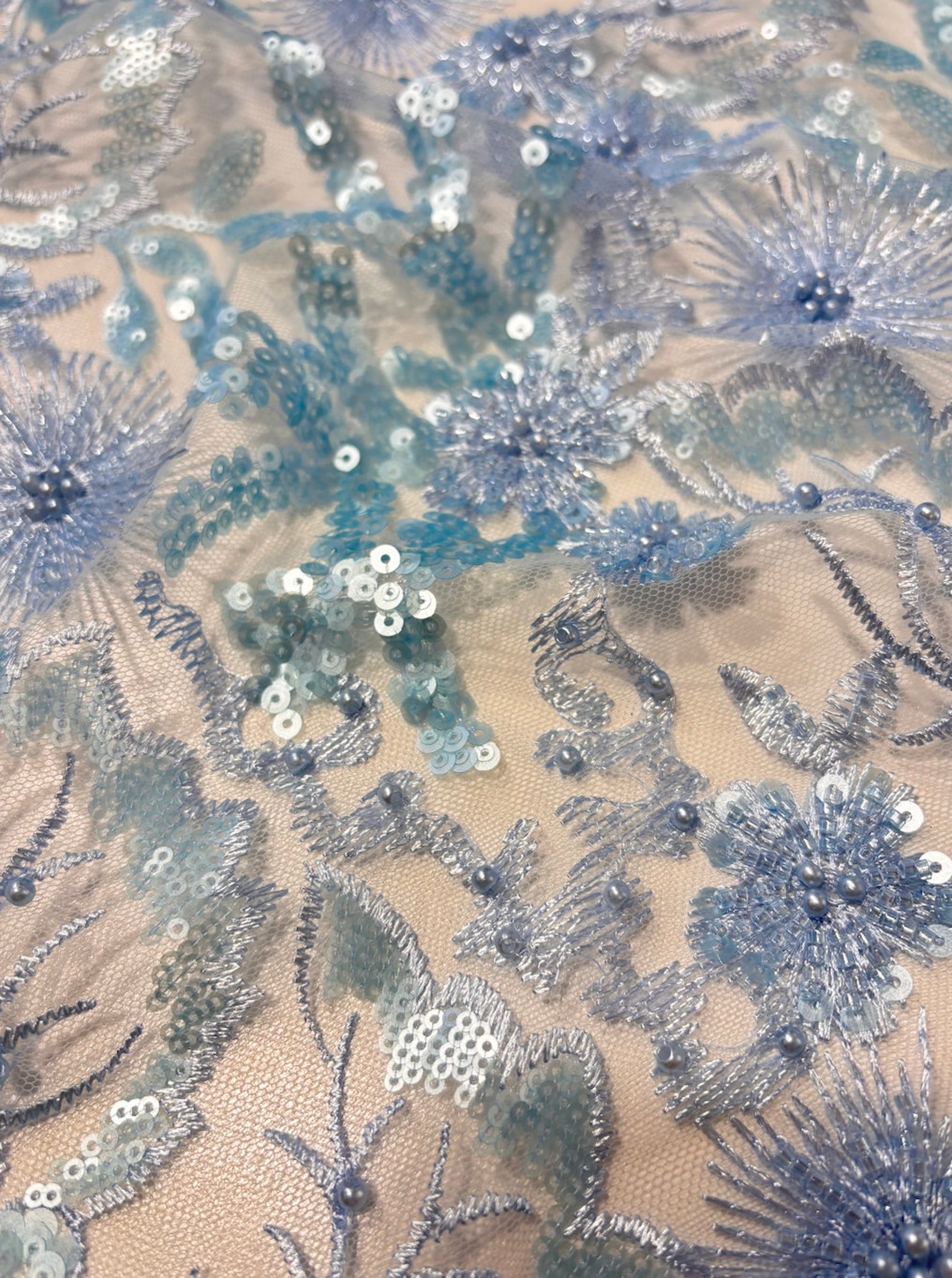 Blue, Light Blue Embroidered Lace Sequin Fabric, French Lace Fabric ...