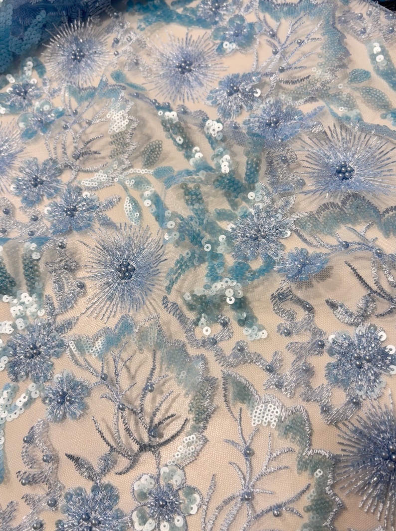 Blue, Light Blue Embroidered Lace Sequin Fabric, French Lace Fabric ...
