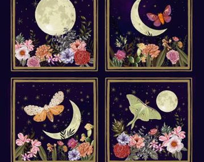 Panel - Midnight Rendezvous by Blank Quilting - Moths Flowers Moon ...