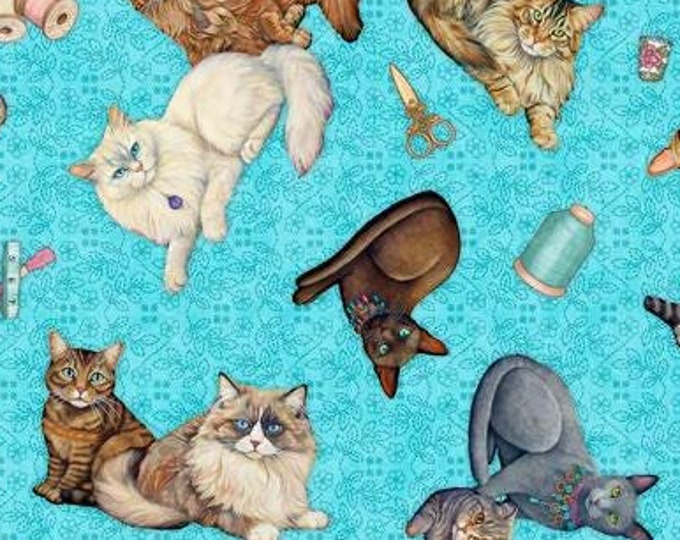 Half Yard - Quilt Room Kitties Cat Toss on Turquoise by Quilting ...