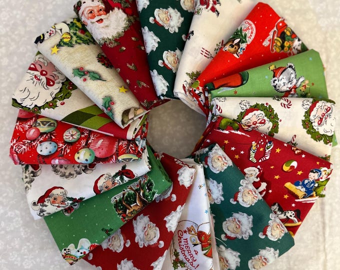 Retro Vintage Christmas Fabric 15 Fat Quarter Bundle - Snowman Reindeer ...