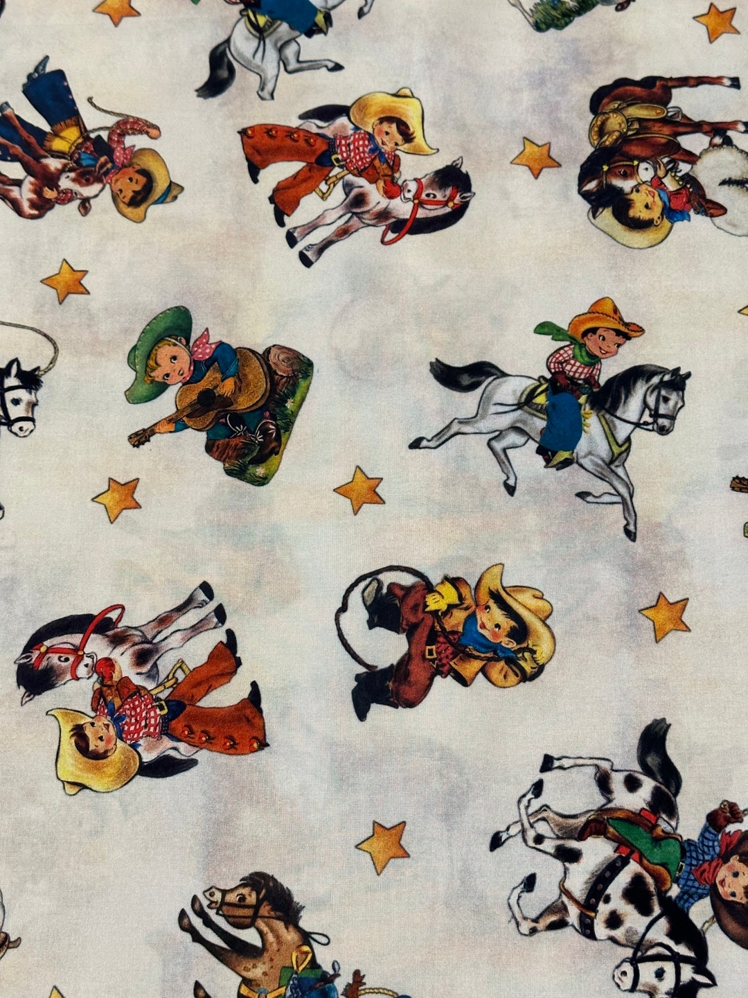 NEW! Half Yard Cowboy up Retro Cowboy Toss on Ecru by Quilting ...