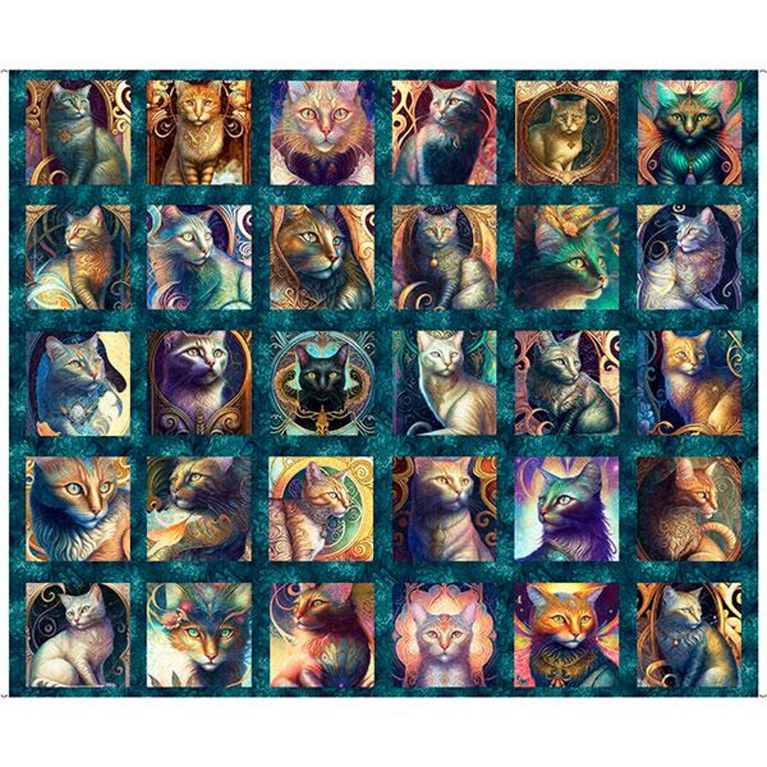 NEW! Panel - Feline Fantasia Picture Patches Blocks on Teal by Quilting ...