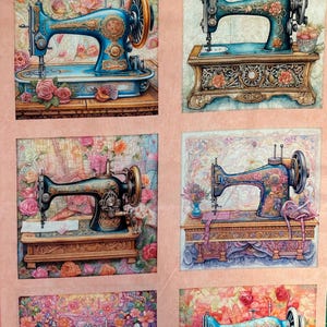 NEW Panel in Stitches Vintage Sewing Machine Blocks Patches on Pink by ...