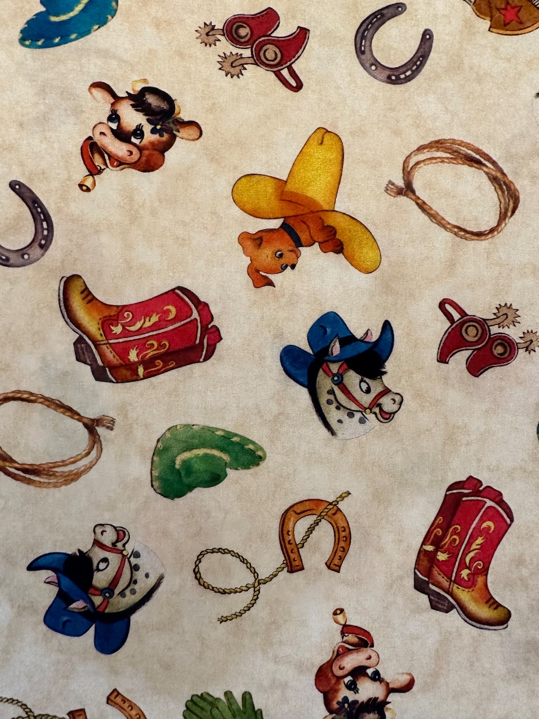 NEW! Half Yard Cowboy up Retro Cowboy Stuff on Ecru by Quilting ...