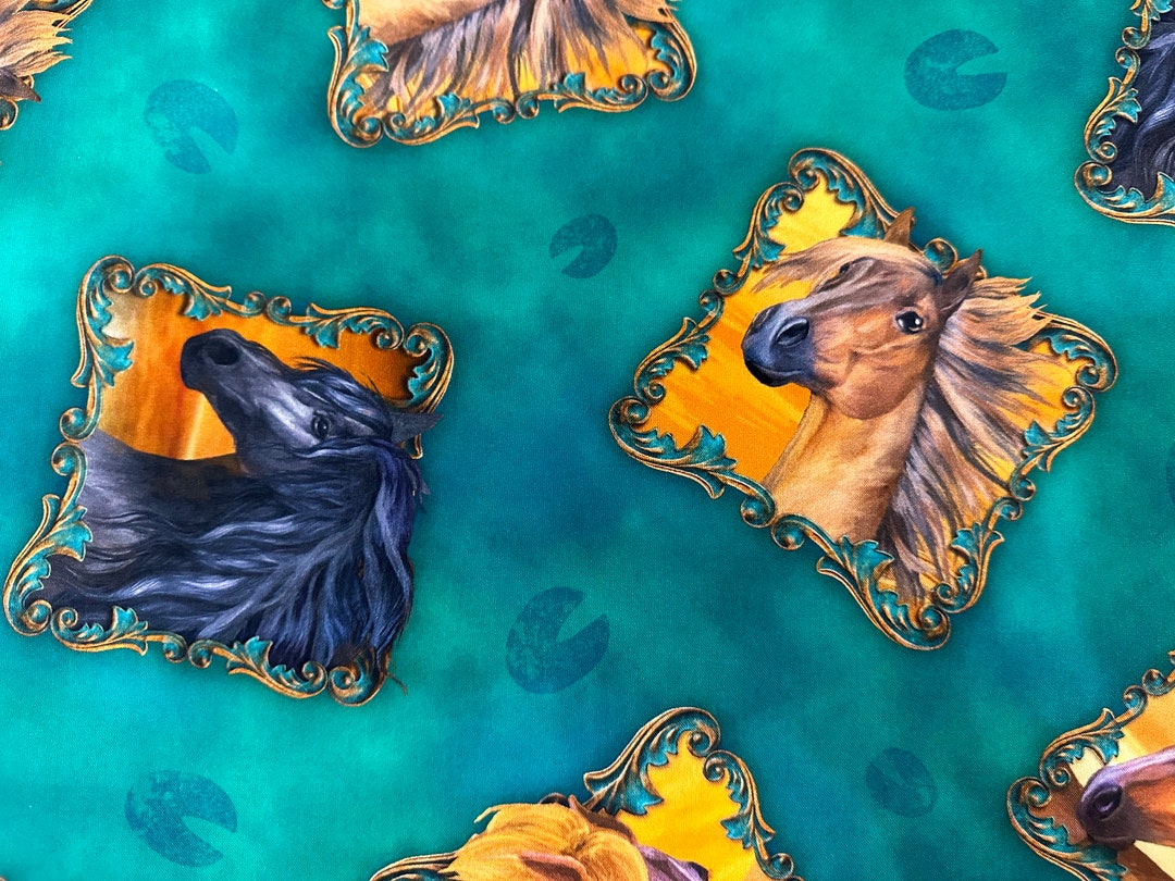 Half Yard - Wild Horses Patches on Teal by Quilting Treasures Western ...