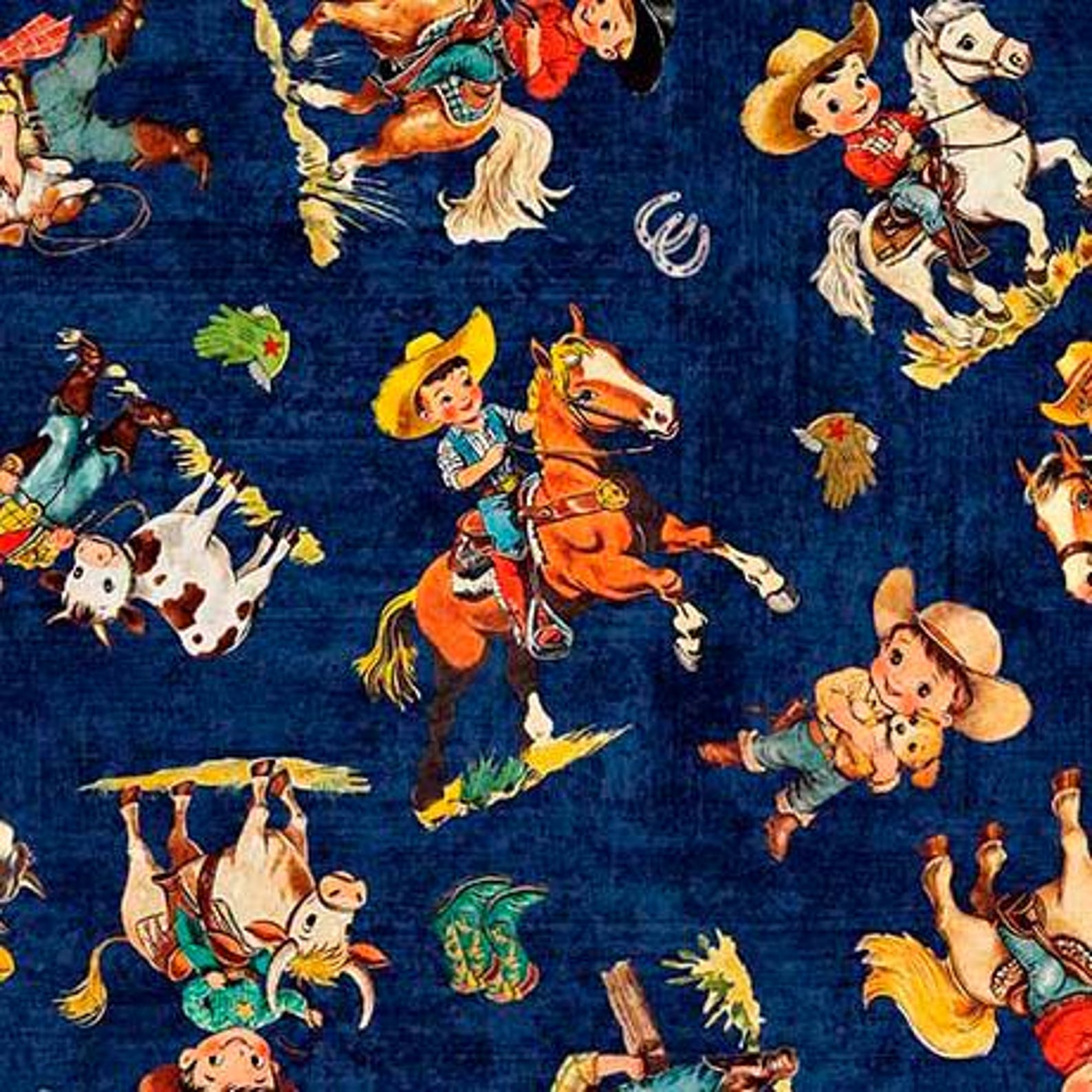 NEW! Half Yard - Yippie Ki Yay! Cowgirl and Cowboy Toss on Navy by ...