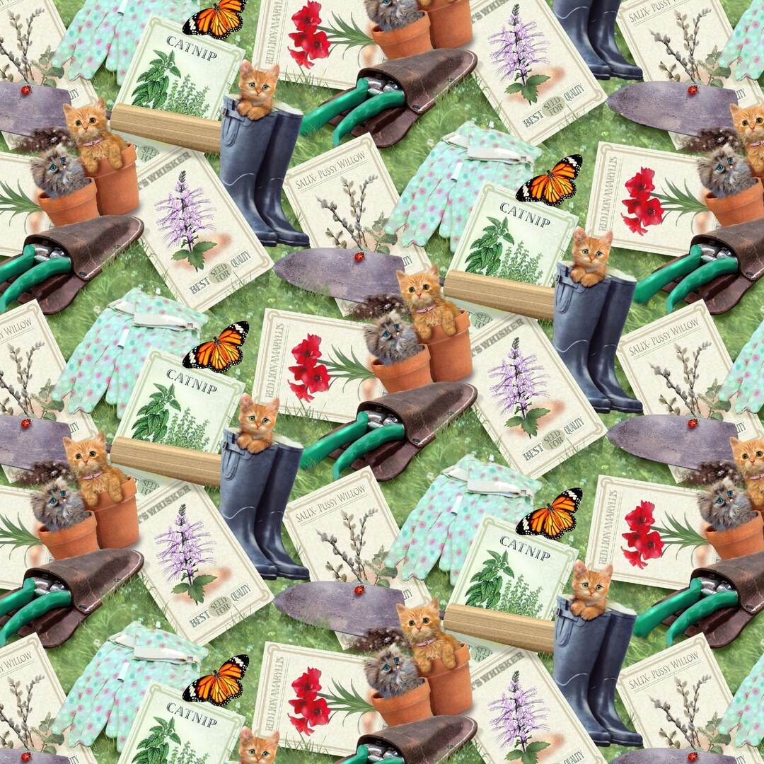Half Yard Kittens in the Garden Seed Packets by Henry Glass Adorable ...