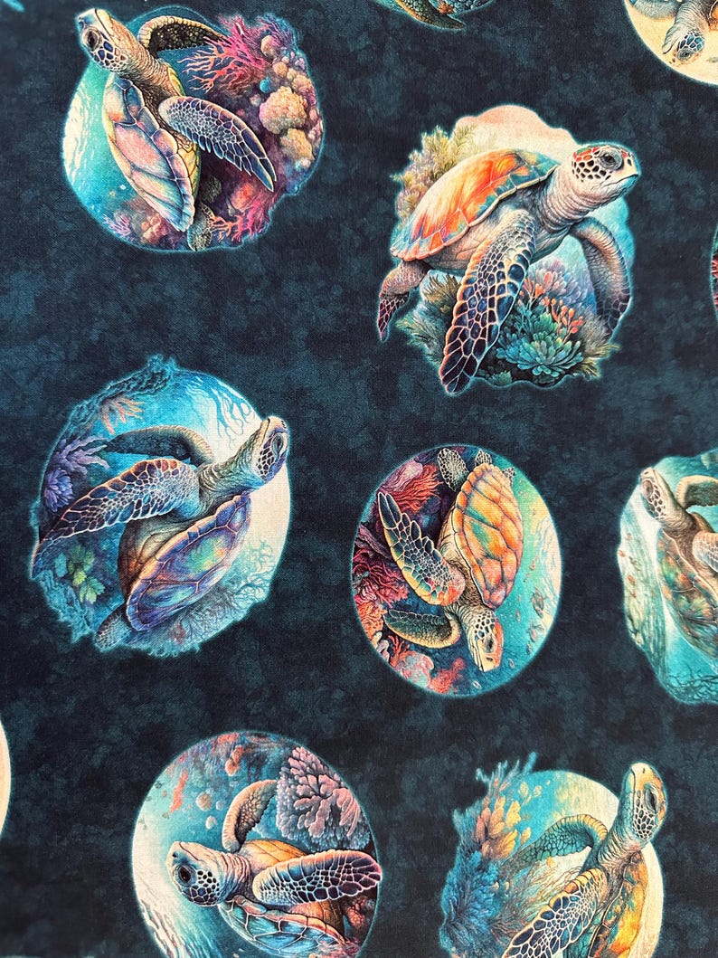 Half Yard - Endless Blues Sea Turtle Circle Vignettes on Teal by ...