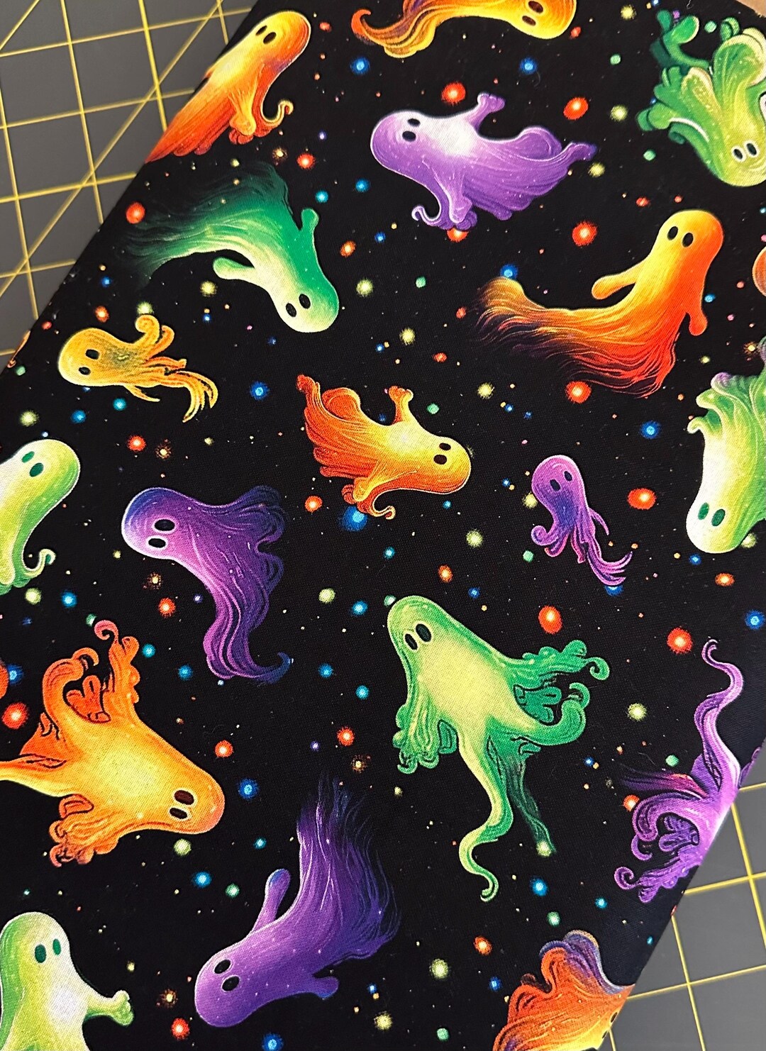 NEW! Half Yard - Bright Frights Ghosts on Black by Robert Kaufman - Colorful Halloween Cotton ...