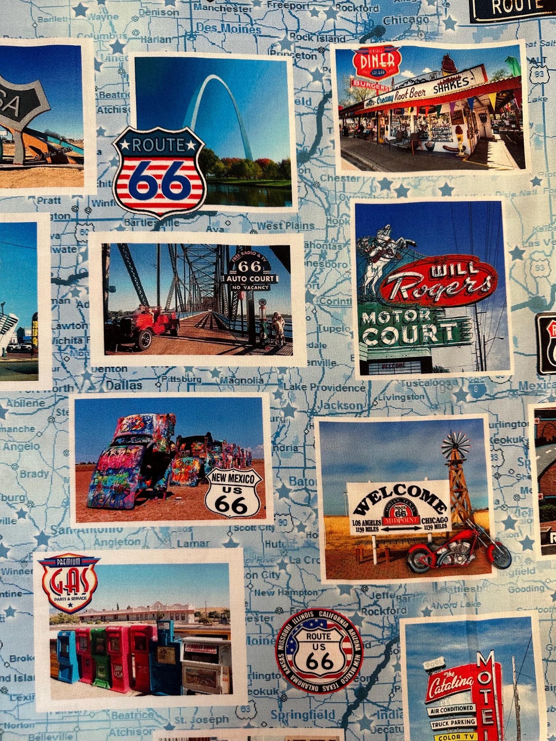 Half Yard - America's Highway by Benartex Route 66 Landmarks on Blue ...