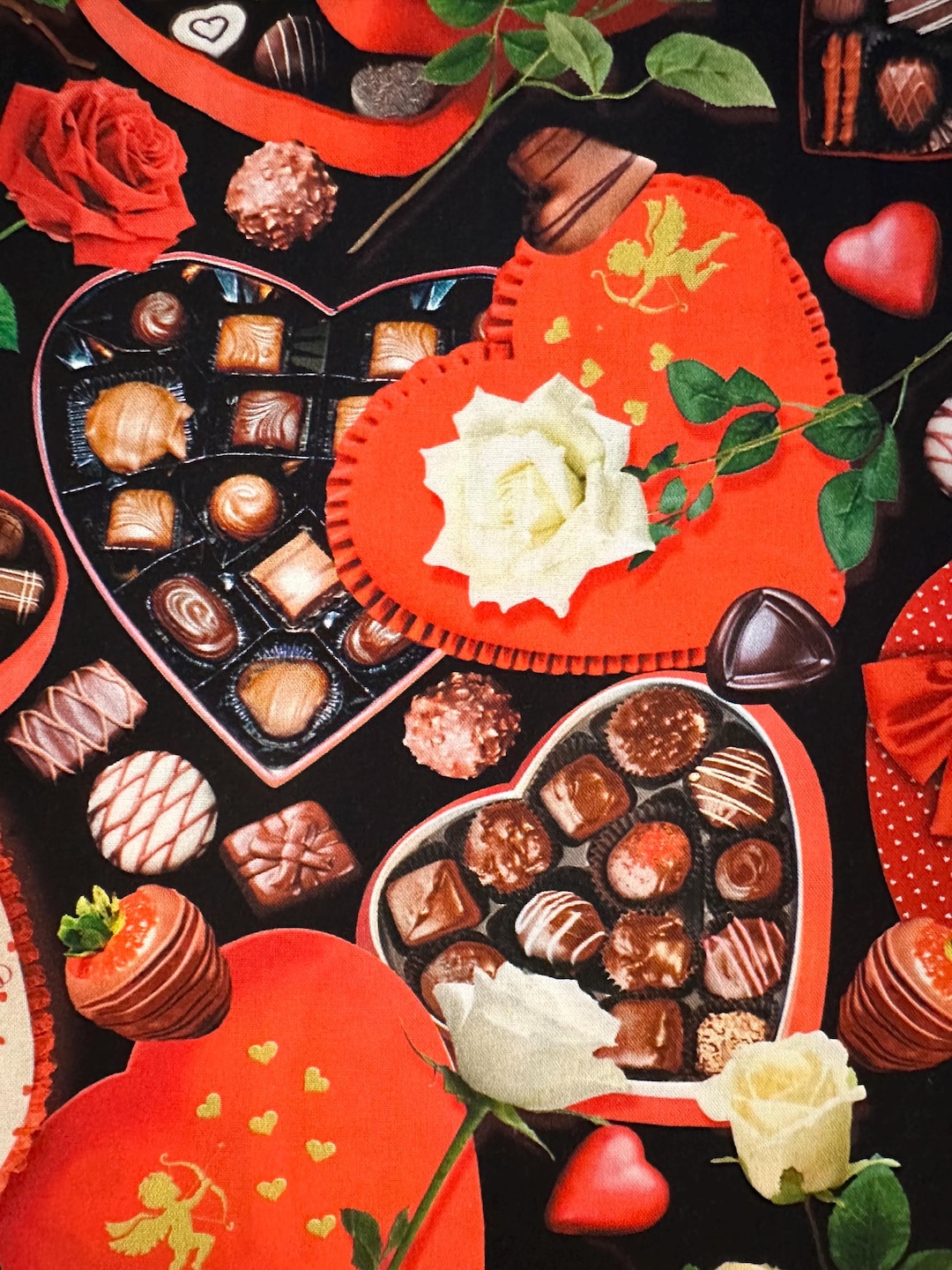 Half Yard - True Romance Chocolate Candy Heart Boxes on Black by Kanvas ...