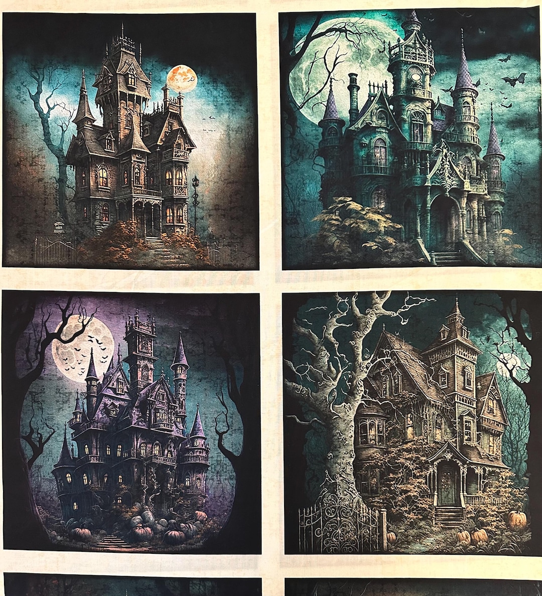 NEW! Panel - Halloween Creepsville Haunted House Patches on Cream by ...