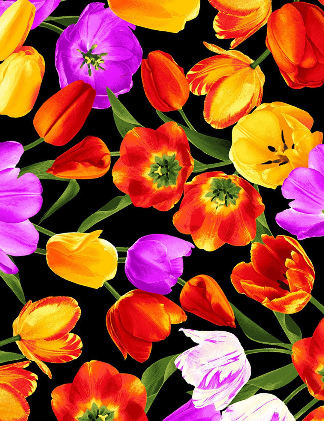 Half Yard Assorted Tulips on Black Garden Bouquet by Timeless - Etsy