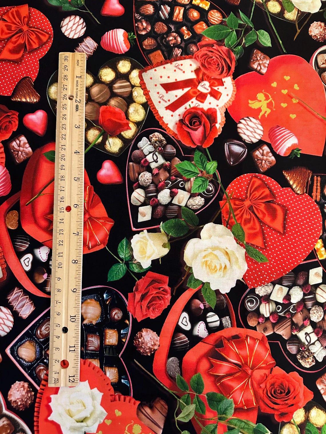 Half Yard - True Romance Chocolate Candy Heart Boxes on Black by Kanvas ...