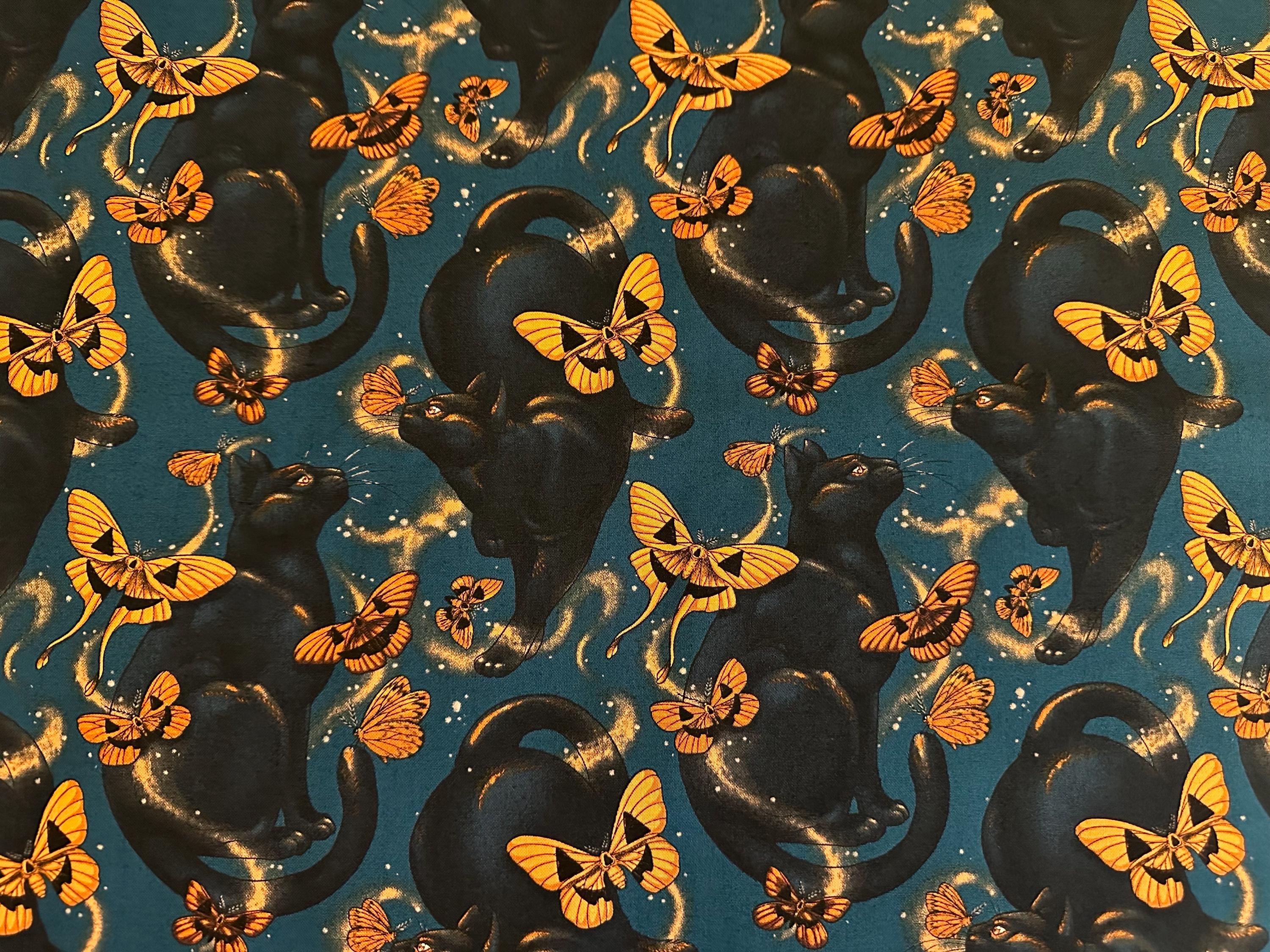 Half Yard - Mystic Moonlight Moth Cat on Dark Turquoise by Freespirit ...
